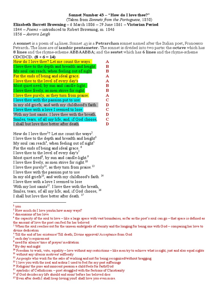 Elizabeth Barrett Browning - Sonnet Number 43 | PDF | Love | Sonnets