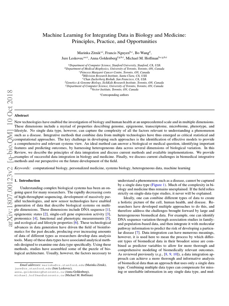 Machine Learning For Integrating Data in Biology and Medicine ...