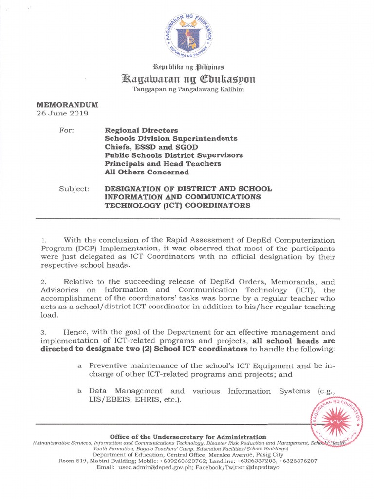 Designation of District and School Information and Communications Technology Coordinators to ...