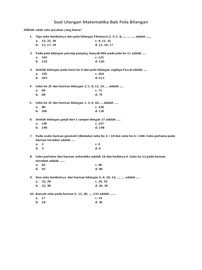 Soal Ulangan Matematika Bab Pola Bilangan | PDF
