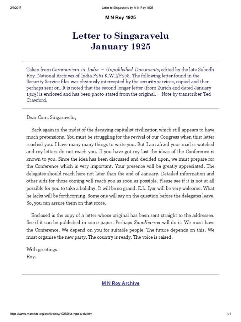 M N Roy's 1925 Letter to Singaravelu | PDF | Politics