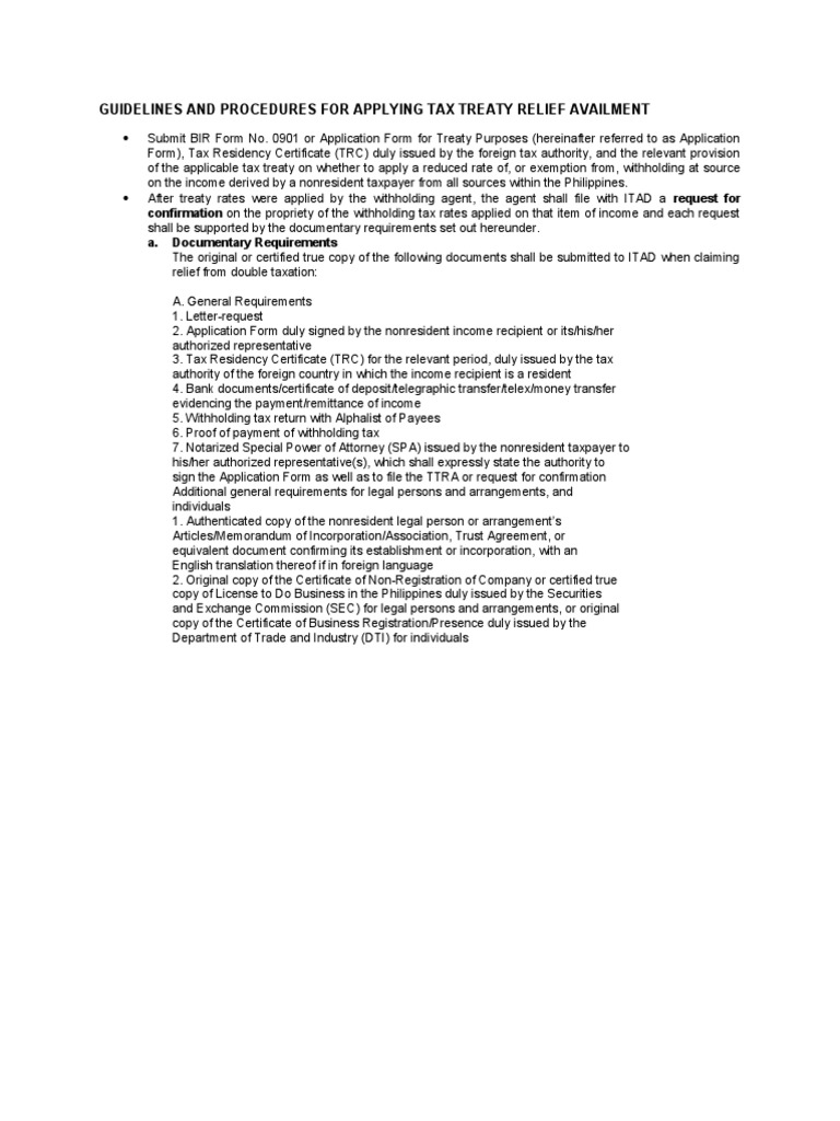 Guidelines and Procedures For Applying Tax Treaty Relief Availment ...