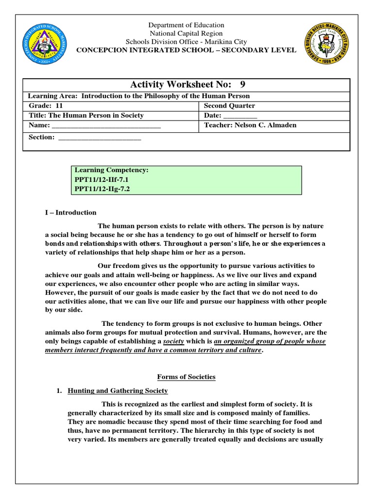 Activity Worksheet No: 9: Department of Education National Capital Region Schools Division ...