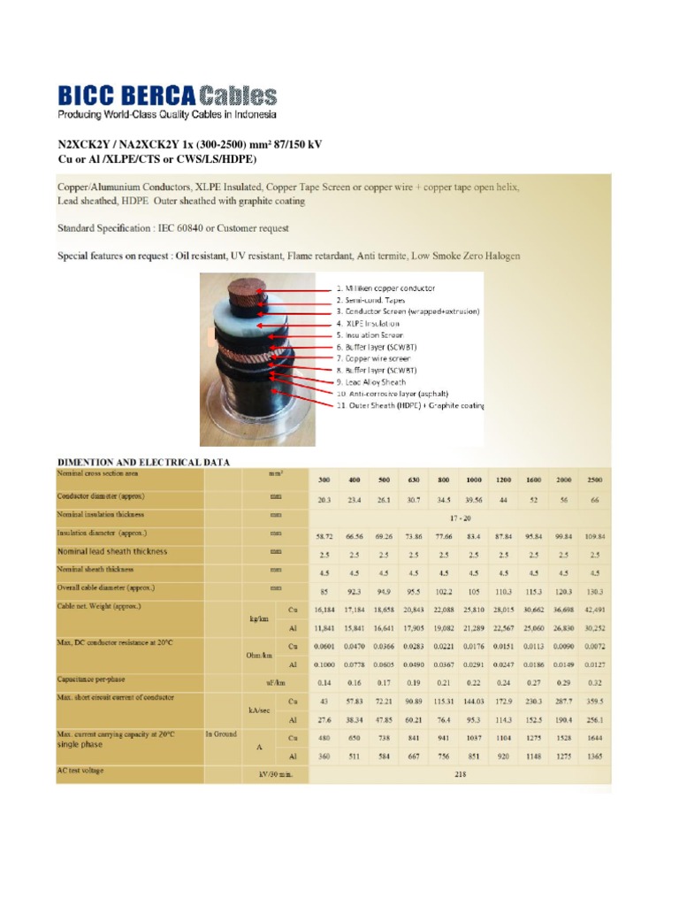 BICC N2XCK2Y Cable Specifications | PDF | Insulator (Electricity ...