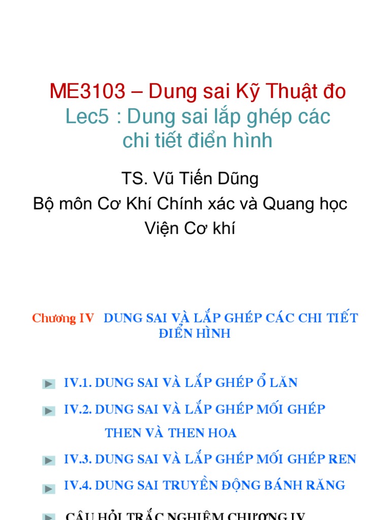 Lec5 - 2 Dung Sai Lắp Ghép ổ Lăn, Then, Then Hoa, Ren, Bánh Răng | PDF