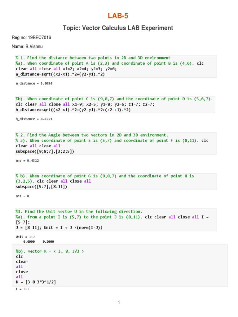 Topic: Vector Calculus LAB Experiment: All All | PDF