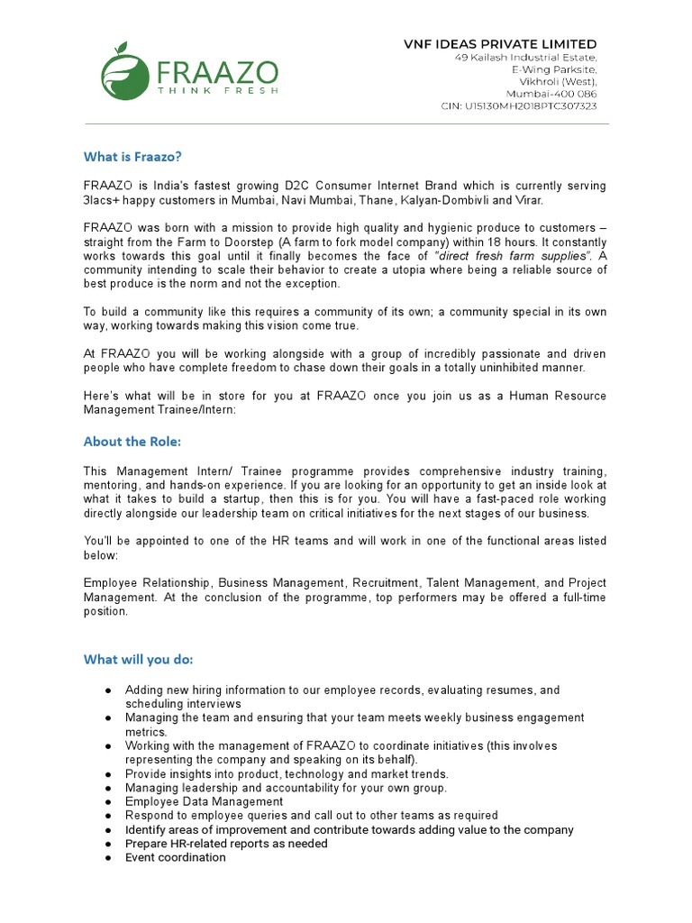 HR JD - Management Trainee - Intern @fraazo | PDF | Human Resource ...