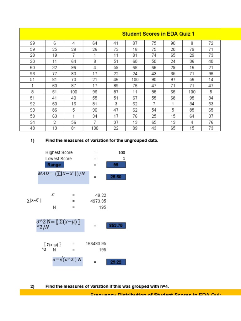 Student Scores in EDA Quiz 1: 1) Find The Measures of Variation For The Ungrouped Data | PDF