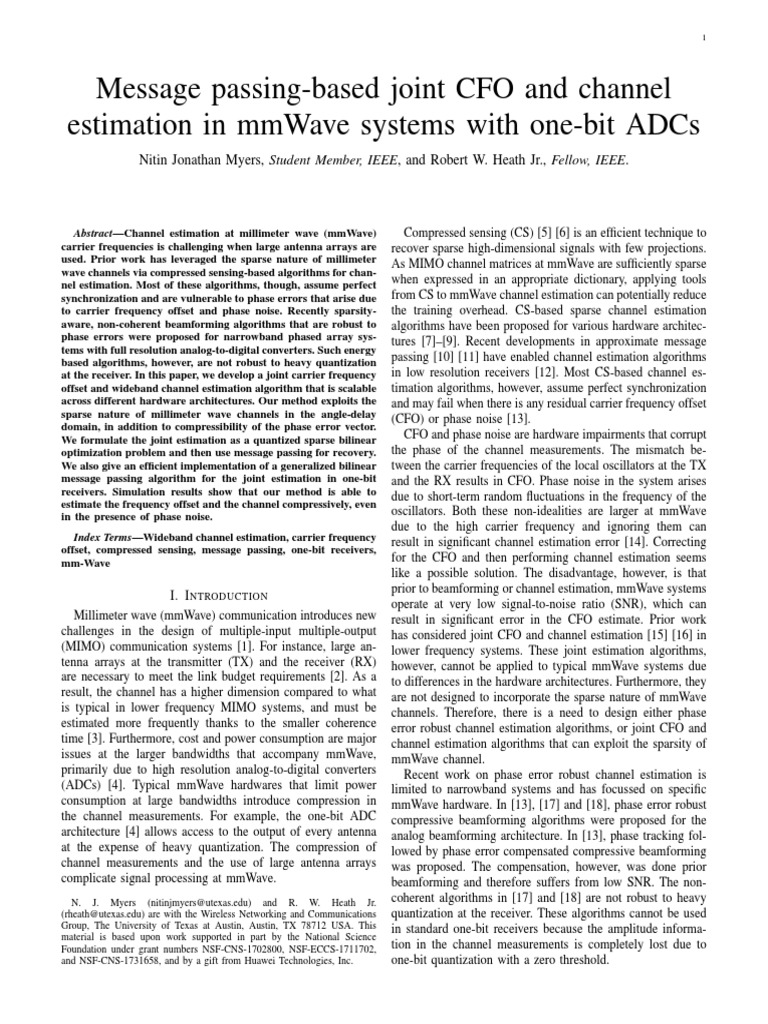 Message Passing-Based Joint Cfo and Channel Estimation in Mmwave Systems With One-Bit Adcs | PDF ...