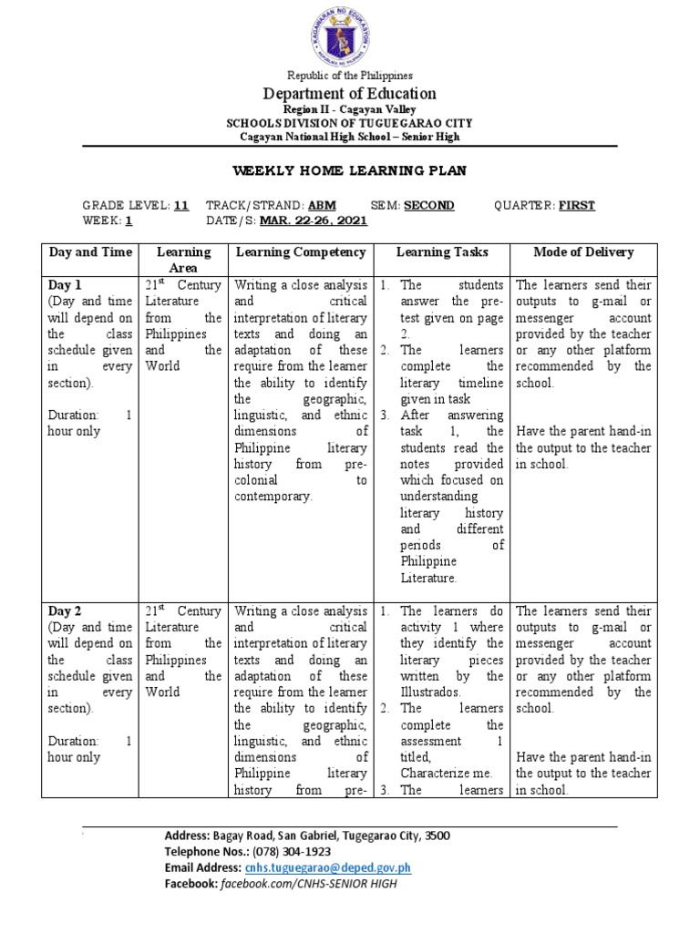 Department of Education: Weekly Home Learning Plan | PDF | Learning ...