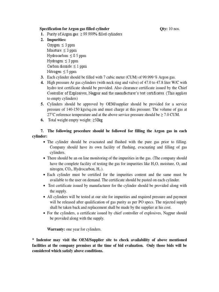 Argon Gas Specifications REFERENCE | PDF | Argon | Gases