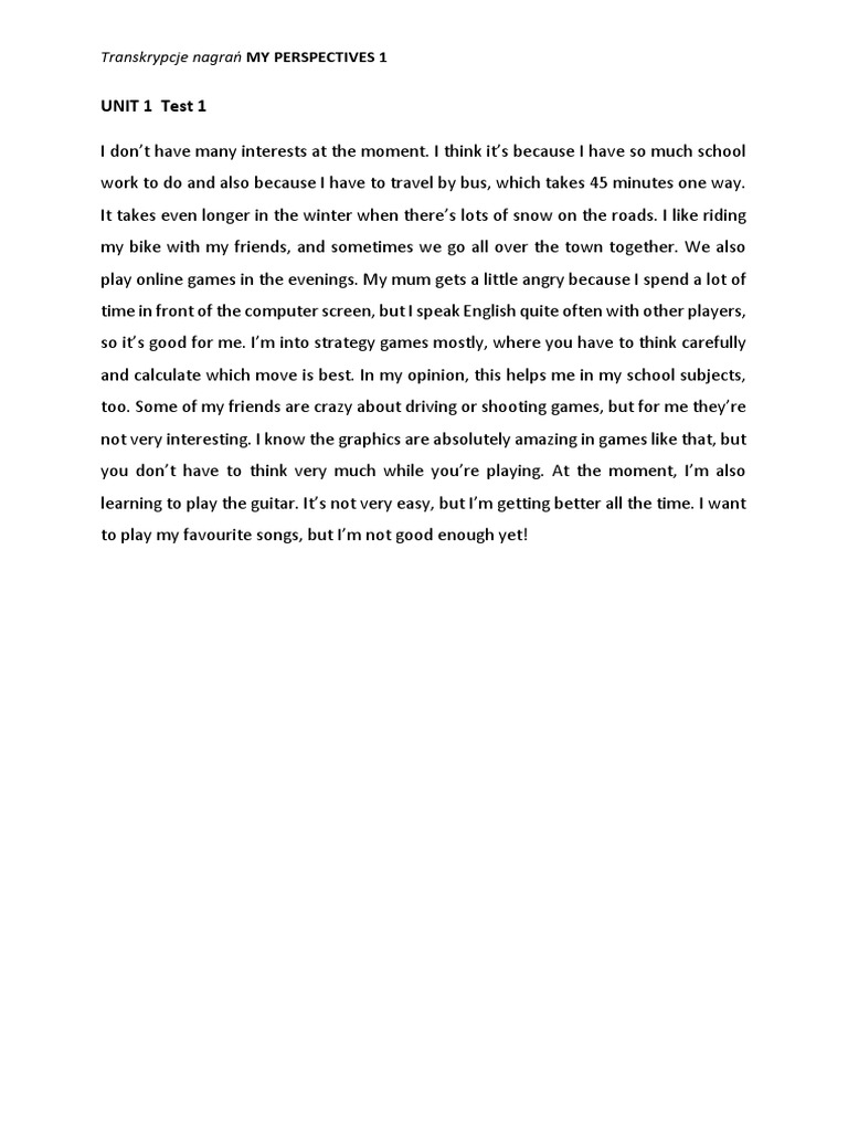 UNIT 1 Test 1: Transkrypcje Nagrań MY PERSPECTIVES 1 | PDF | Window ...