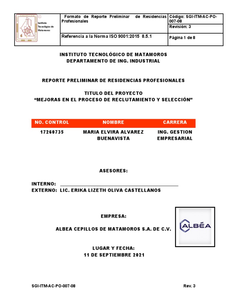 Reporte Preliminar de Residencias Profesionales | PDF | Reclutamiento | Gestión de recursos humanos