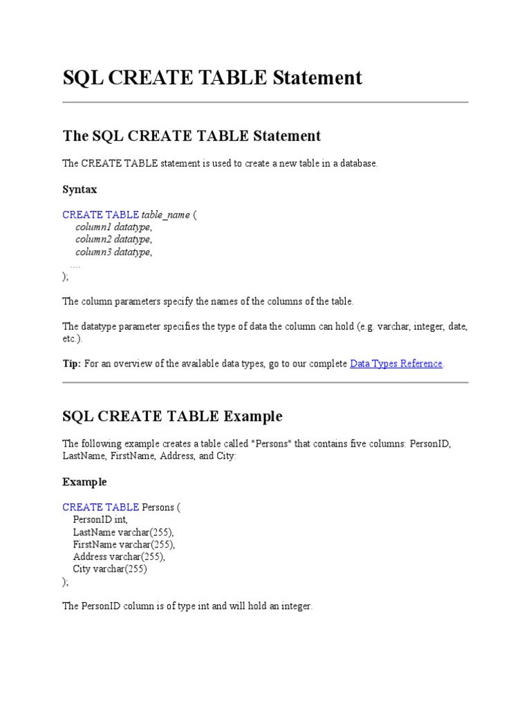 SQL CREATE TABLE Statement | Download Free PDF | Sql | Databases
