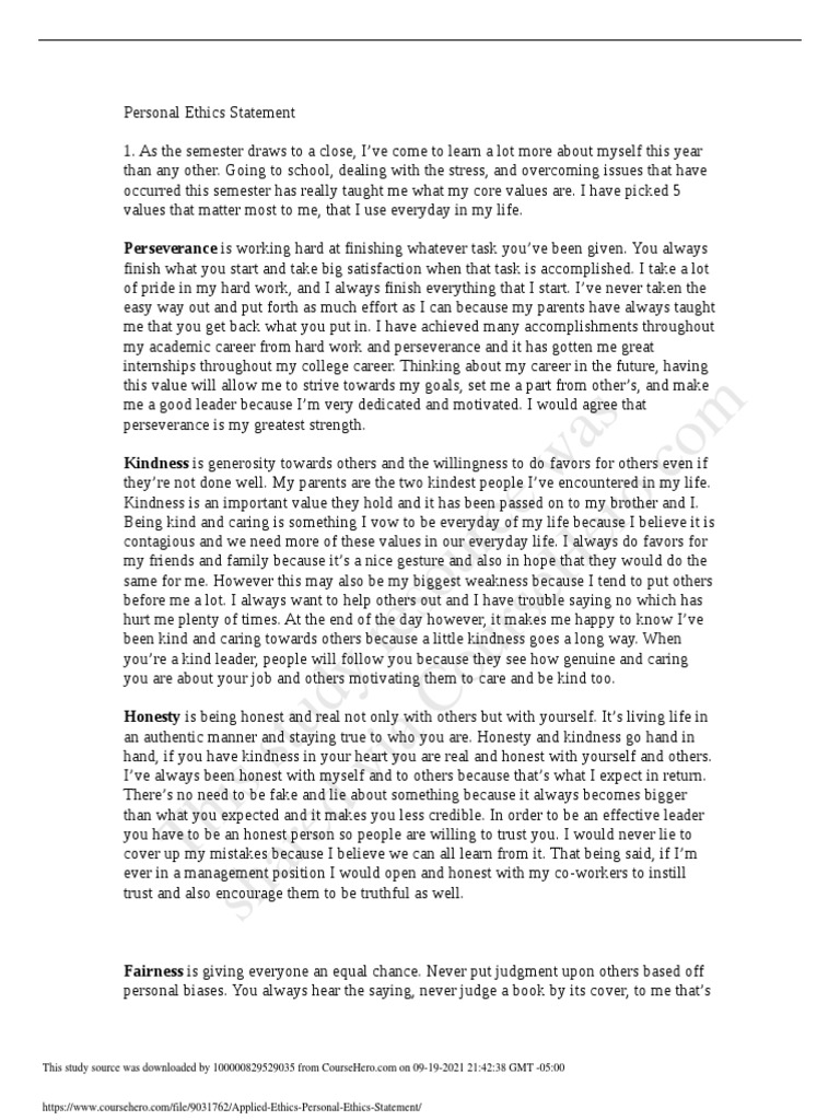 Applied_Ethics__Personal_Ethics_Statement | PDF | Leadership ...
