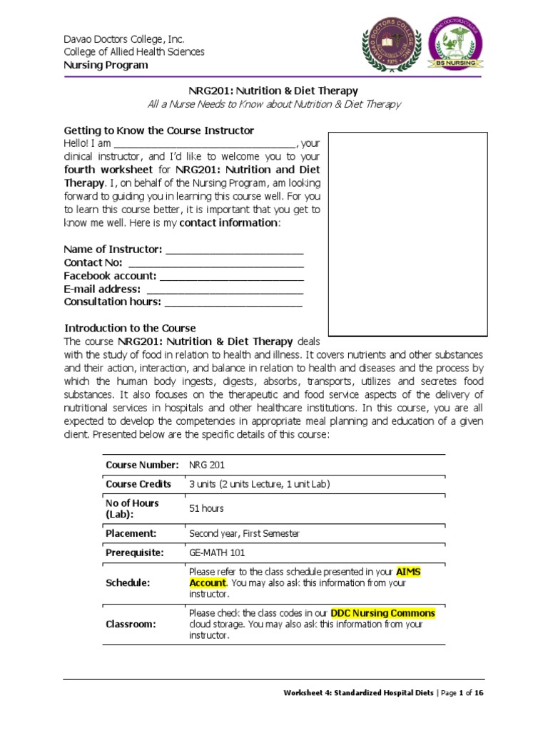 Standardized Hospital Diets Worksheet | PDF | Nursing | Hospital