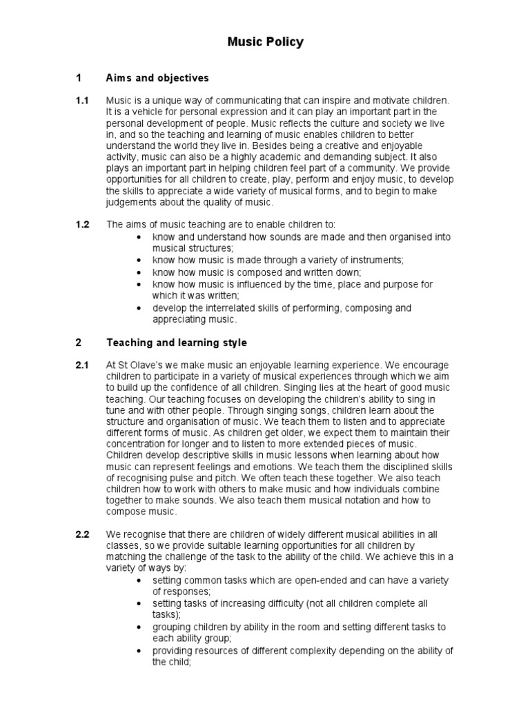 Music Policy: 1 Aims and Objectives | PDF | Educational Technology ...