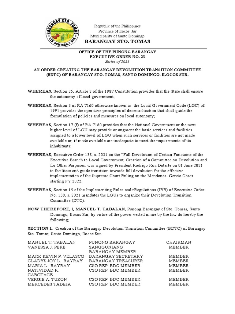 EO Barangay Devolution Transition | PDF | Executive Order | Social ...