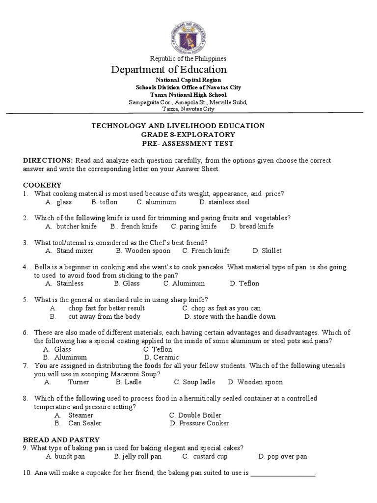 Grade 8 Diagnostic Test Sy 2021-2022 | PDF | Sewing | Baking