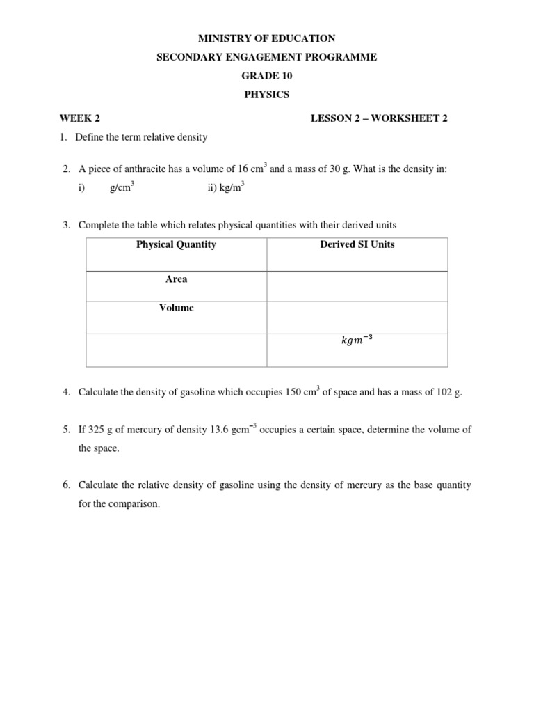 Grade 10 Physics Week 2 Lesson 2 Worksheet 2 and Answersheet | PDF