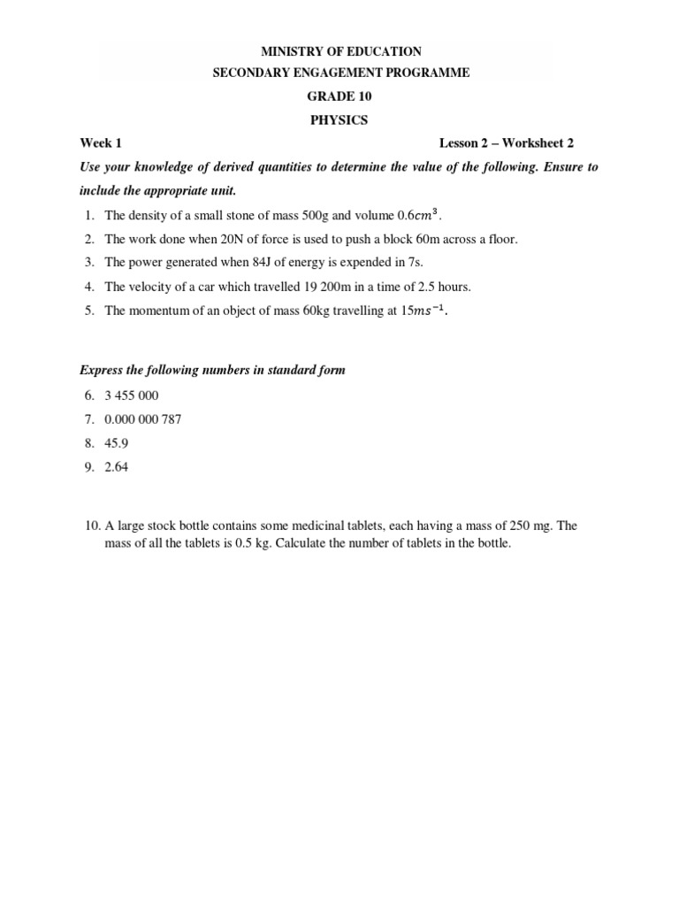 Grade 10 Physics Week 1 Lesson 2 Worksheet 2 and Answersheet | PDF
