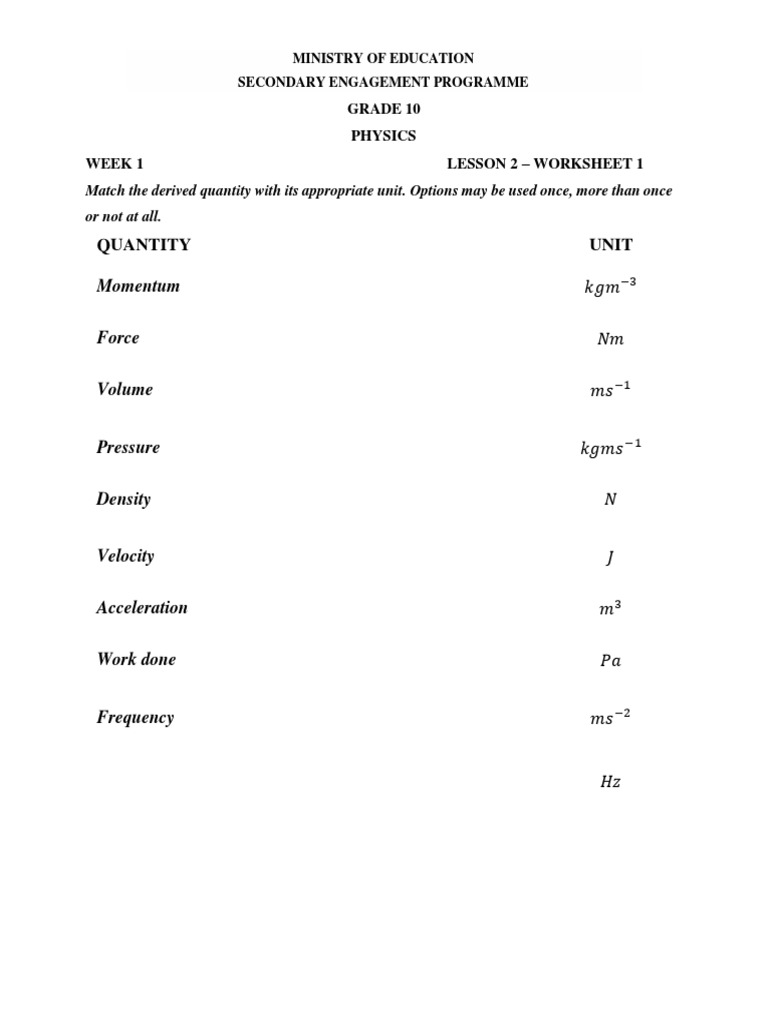 Grade 10 Physics Unit Matching Worksheet | PDF | Force | Momentum