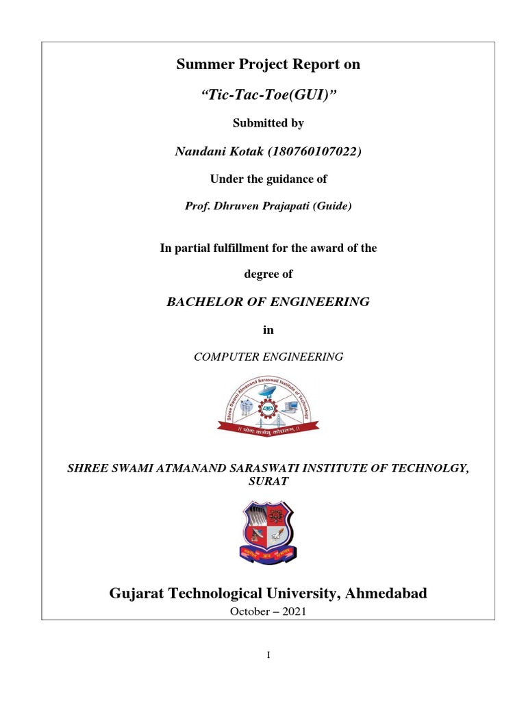 Summer Project Report On: "Tic-Tac-Toe (GUI) " | Download Free PDF | Class (Computer Programming ...