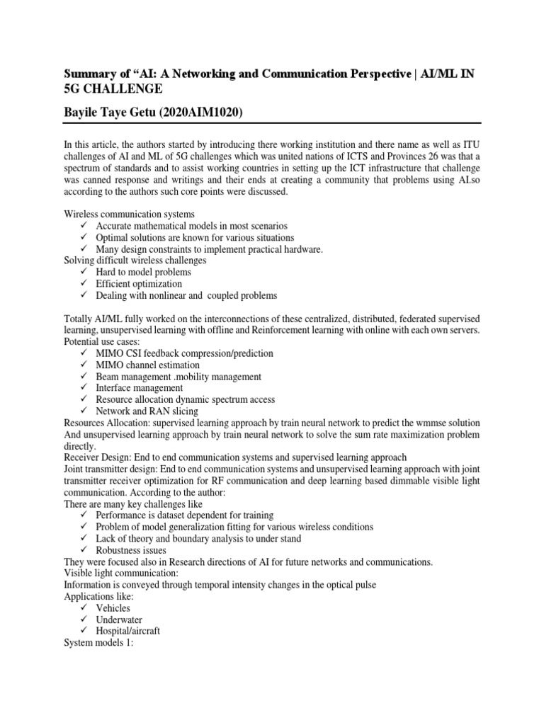 Summary of "AI A Networking and Communication Perspective AIML IN 5G ...