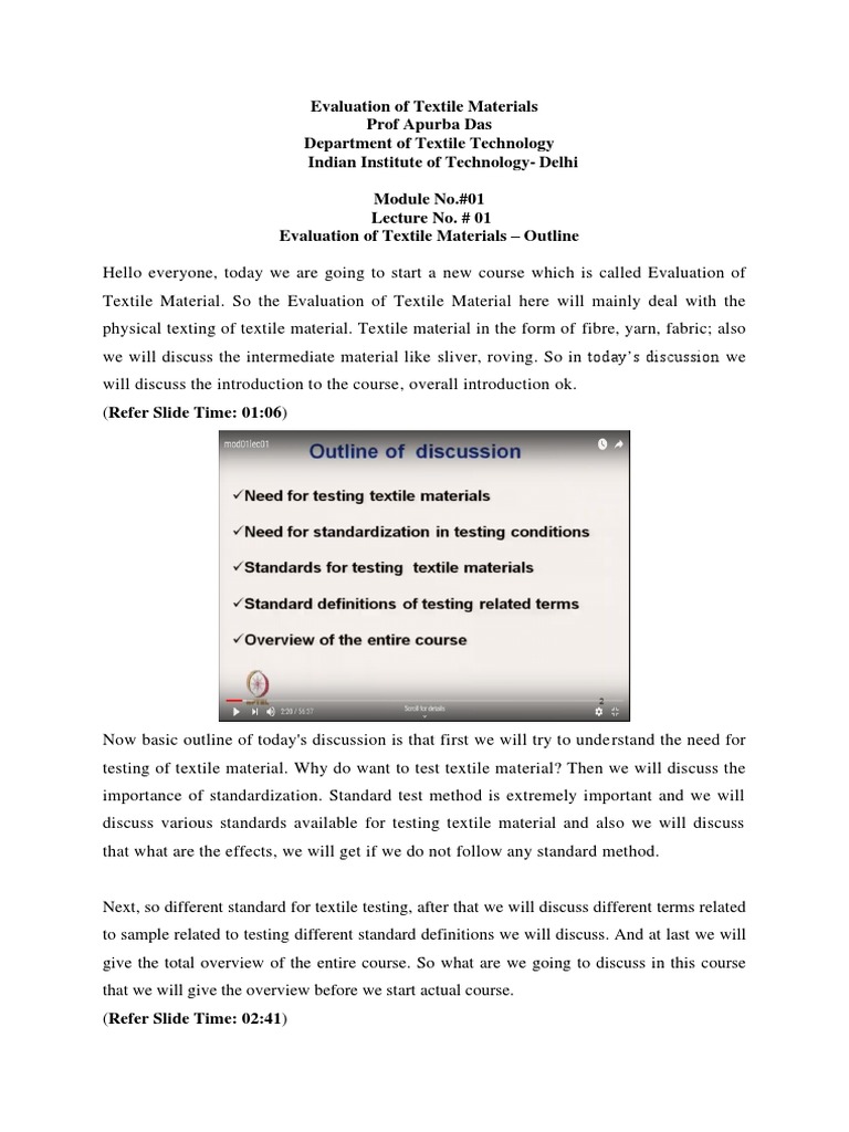 Evaluation of Textile Materials Course Outline | PDF | Yarn | Textiles