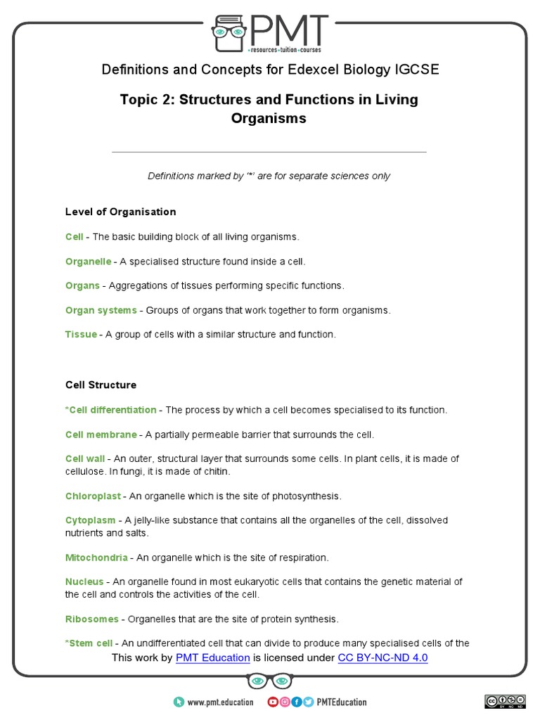 Topic 2: Structures and Functions in Living Organisms: Definitions and ...
