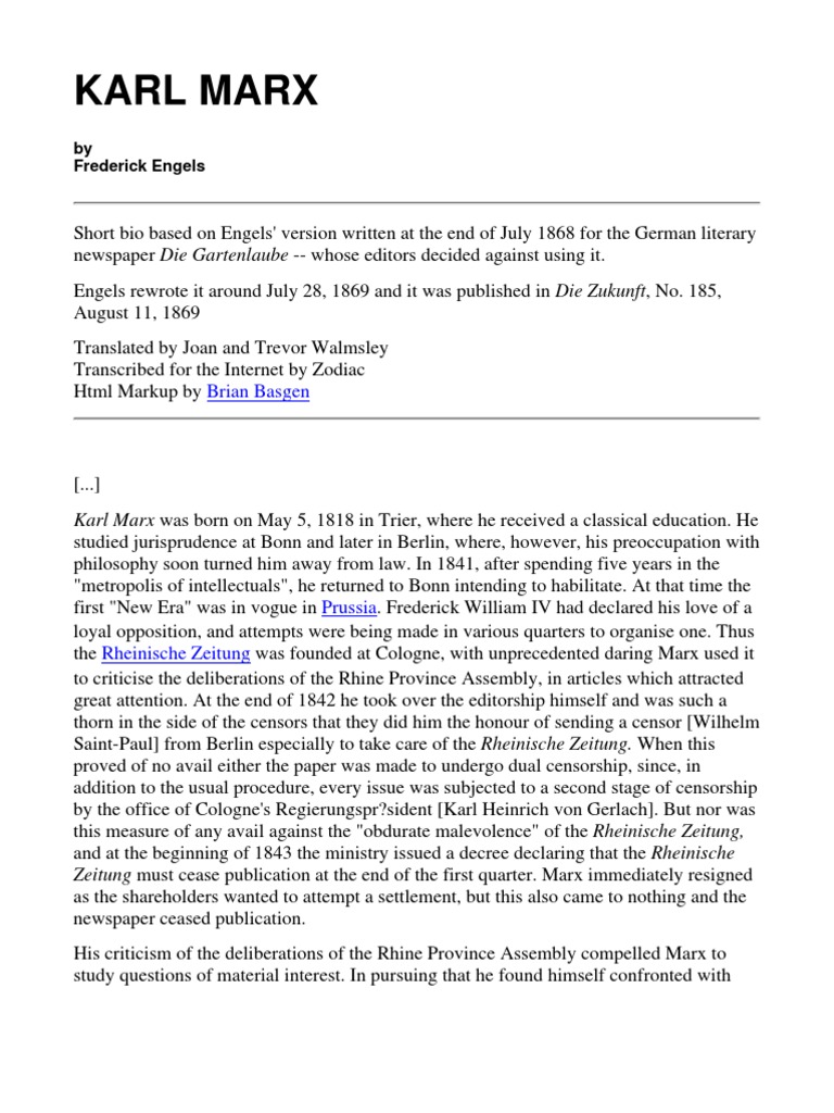 Engels, Frederick - Short Biography of Marx | PDF | Karl Marx ...