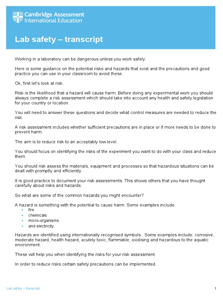 Lab Safety Transcript v2 | PDF | Risk | Risk Assessment