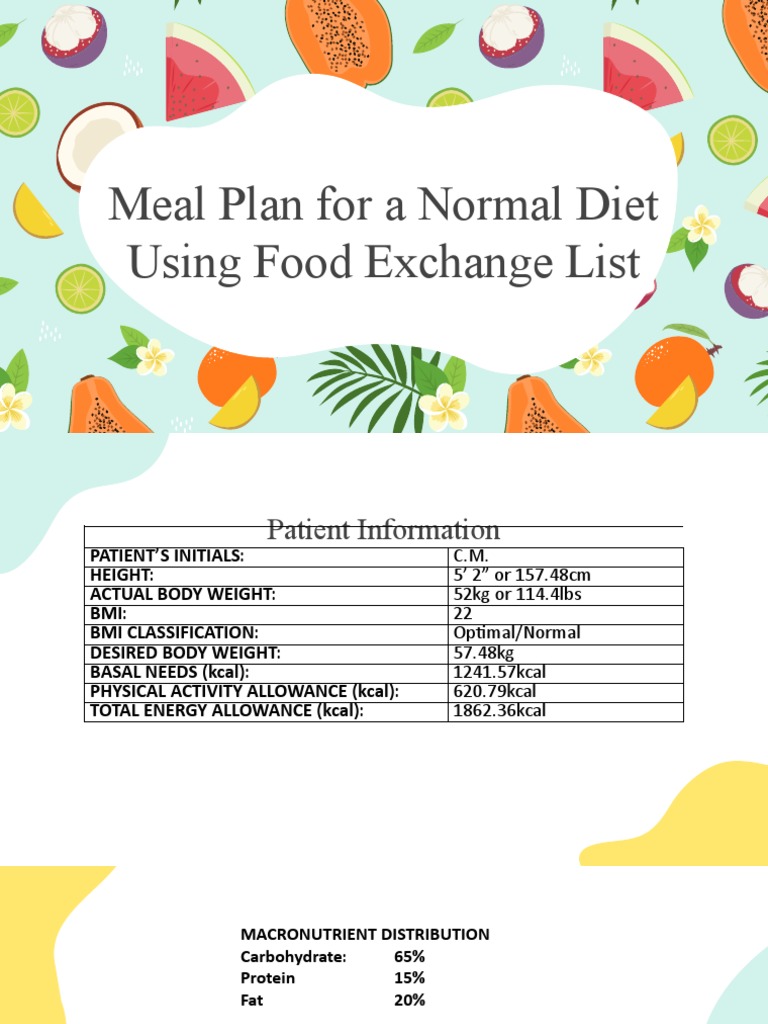 Meal Plan For A Normal Diet Using Food Exchange List | PDF | Calorie | Fat