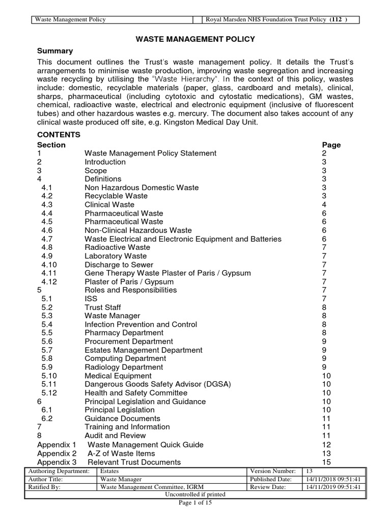 Waste Management Policy (Policy 0112) | PDF | Waste Management | Waste