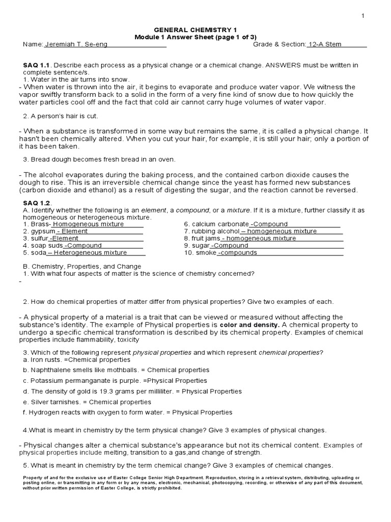 General Chemistry 1 Module 1 Answer Sheet (Page 1 of 3) : Examples of ...