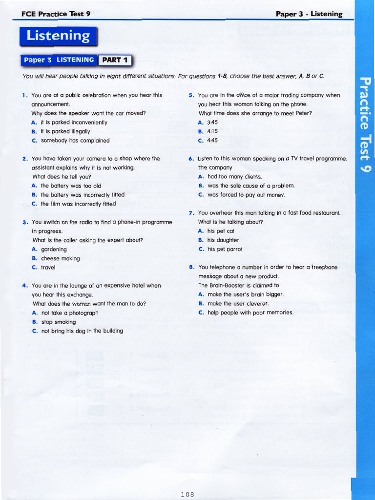 Listening: Paper 3 - Listening FCE Practice Test 9 | PDF