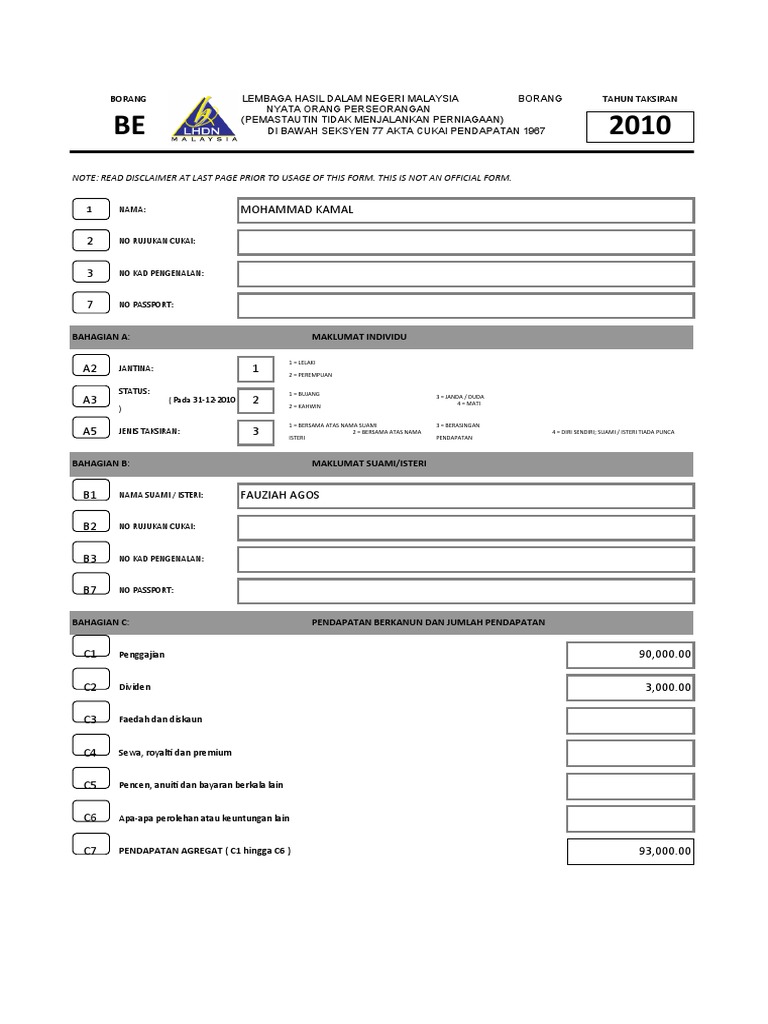 Borang-BE 2010-Income-Tax | PDF