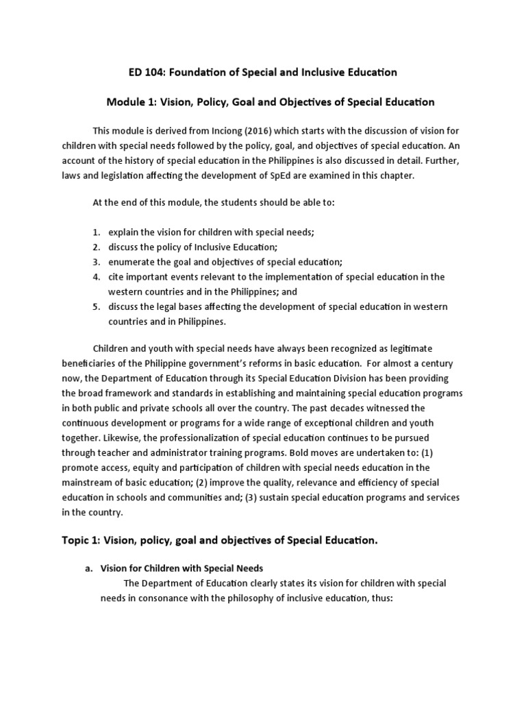 ED 104 Module 1 Vision, Policy, Goal and Objectives of Special Education | PDF | Special ...
