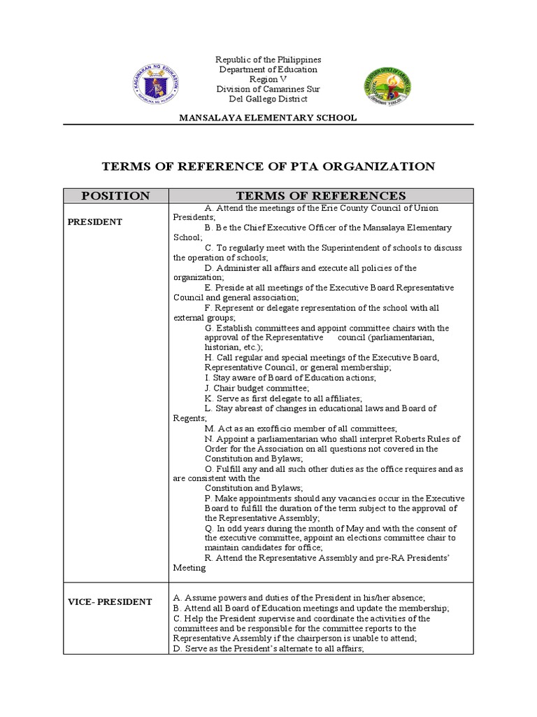PTA Organization Terms of Reference | PDF | Committee | American Government