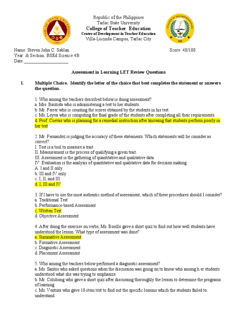 Assessment of Learning: LET Review Questions on Assessment Principles ...