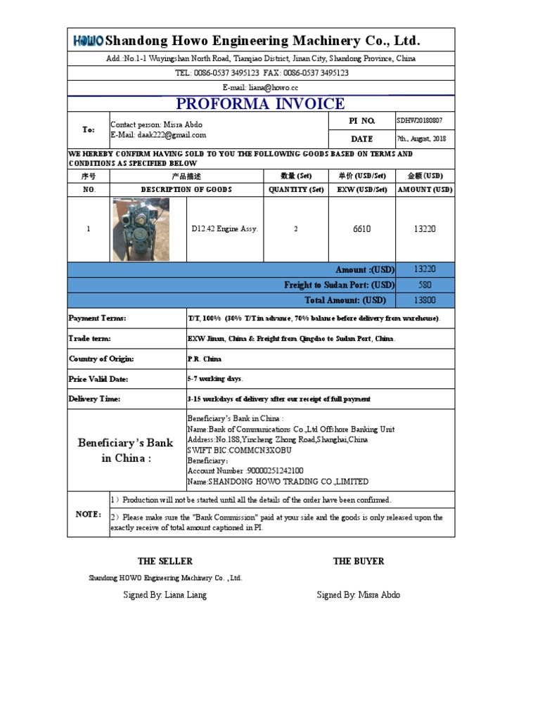 Updated SDHW20190830 Proforma Invoice For D12.42 Engine Assy. | PDF ...