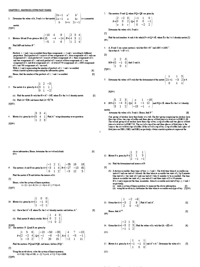 STPM Maths T Sem 1 Chapter 3 Past Year Questions | PDF | System Of Linear Equations | Matrix ...