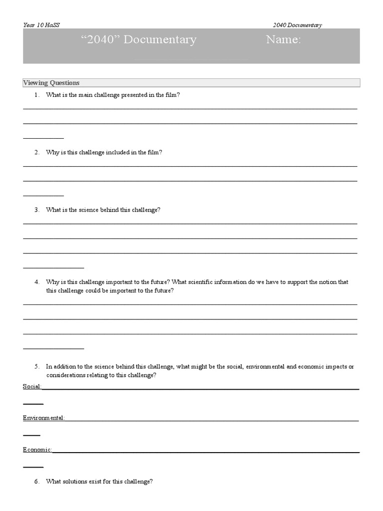 "2040" Documentary Name: - : Viewing Questions | Download Free PDF ...