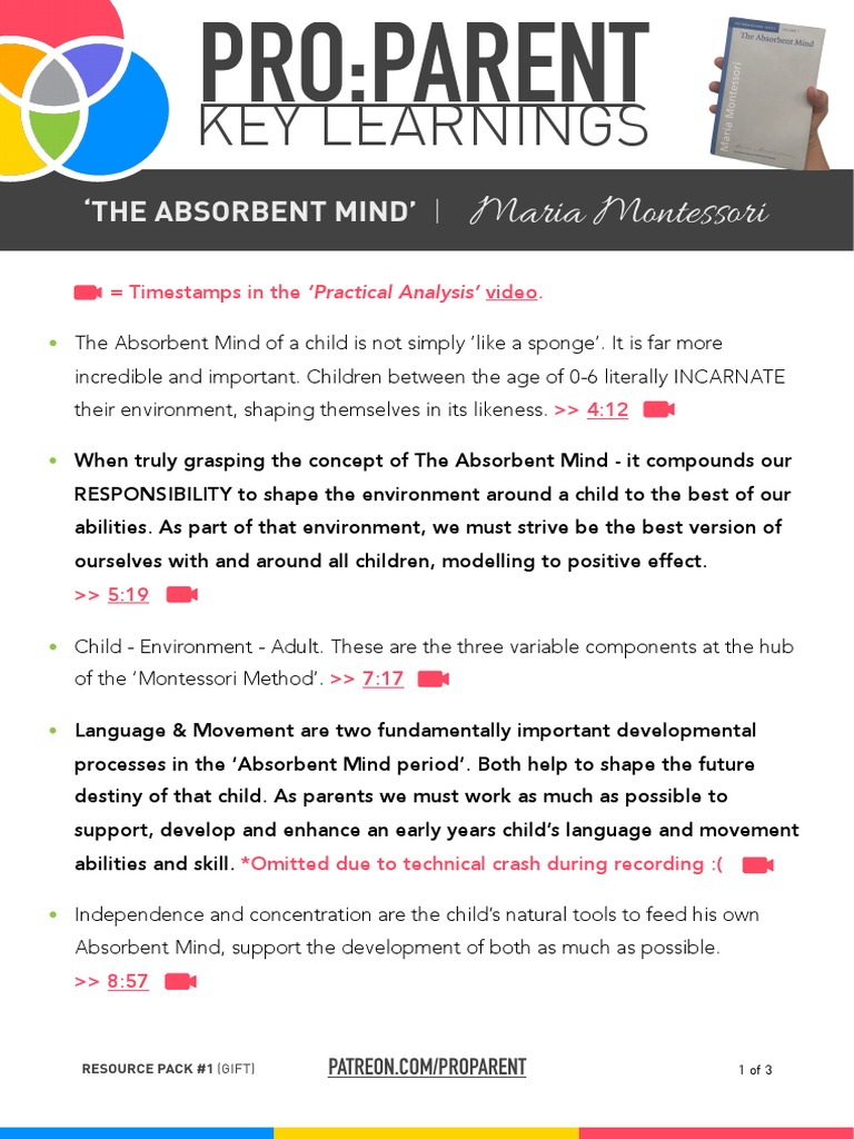 (PRINTABLE) Key Learnings From The Absorbent Mind W - (Link To) VIDEO ...