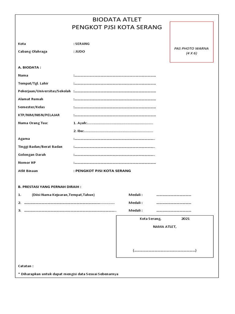 Formulir Biodata Atlet Judo | PDF