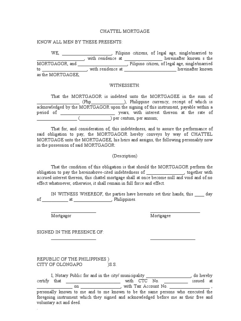 Chattel Mortgage Agreement Template | PDF | Mortgage Law | Notary Public