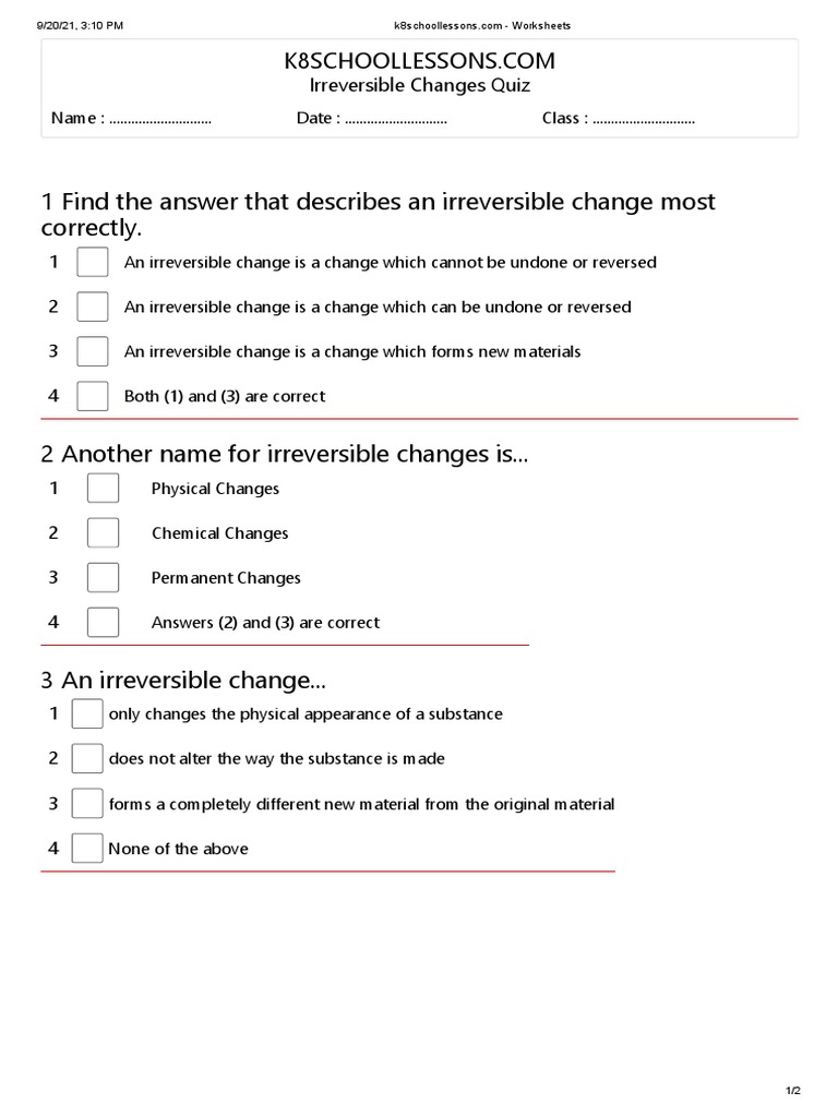 Irreversible Changes Quiz Worksheet | PDF | Teaching Methods ...