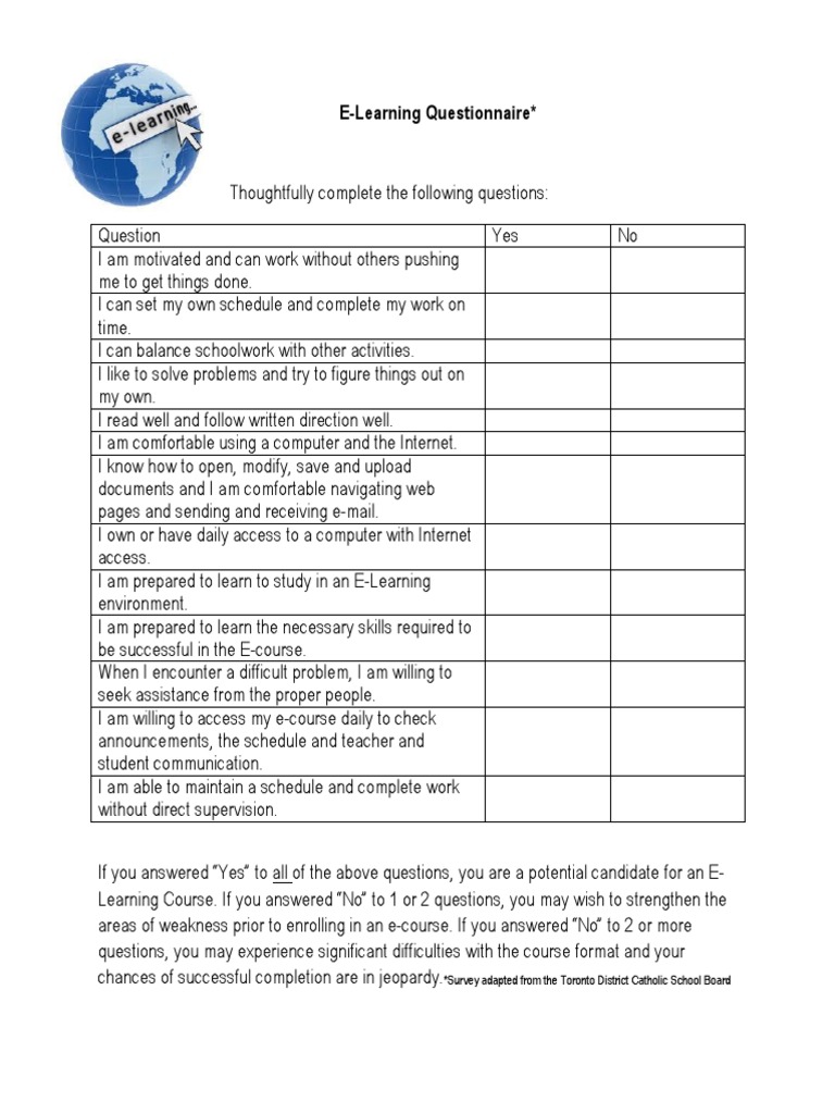 E-Learning Readiness Questionnaire | PDF