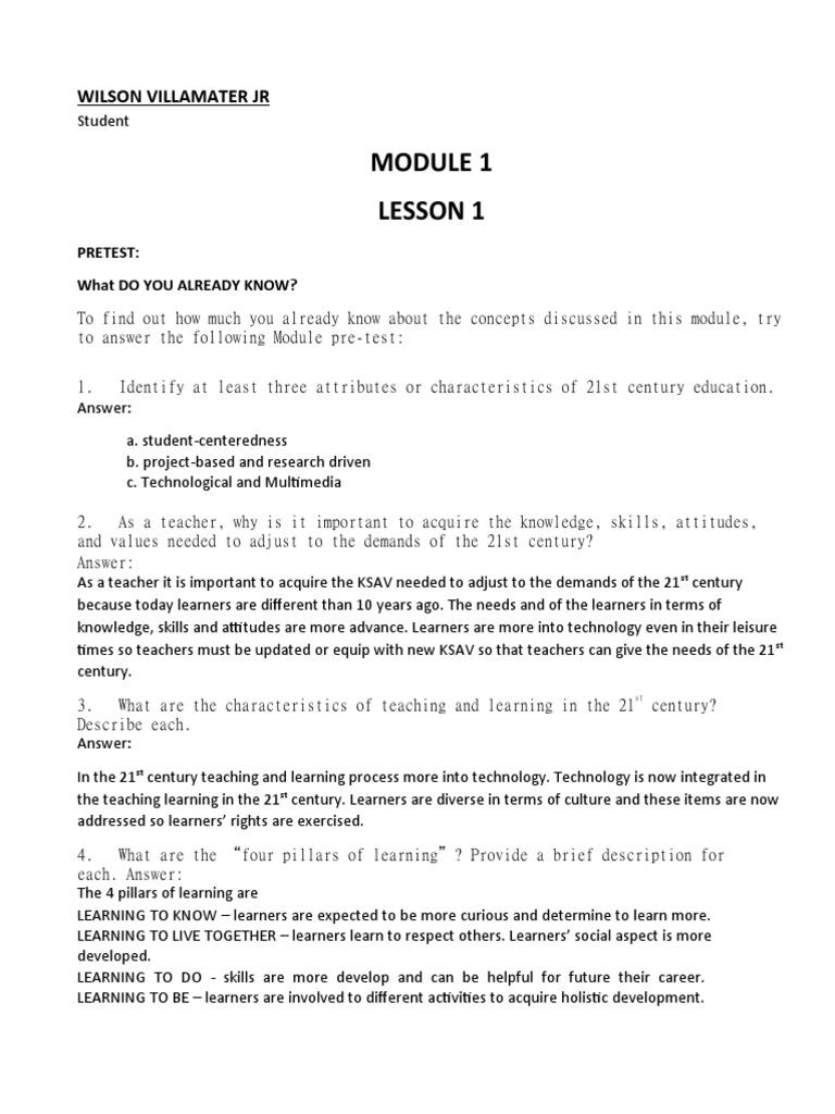 MODULE 1 LESSON 1 Pretest Checklist Activities 1.1-1.10 | PDF ...