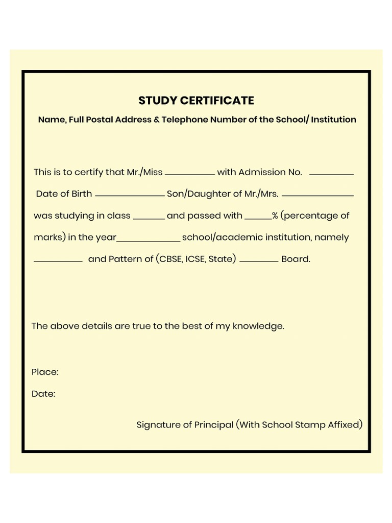 Study Certificate Format For School Students PDF